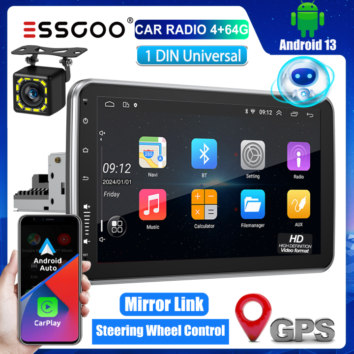 ESSGOO 4+64GB CarPlay & Android Auto 1 DIN Multimedia MP5 Car Player 360 Rotatable 10.1 INCH 2 ...