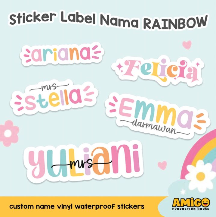 Sticker Label Nama Rainbow Aestetik Custom Nama Estetik | Lazada Indonesia