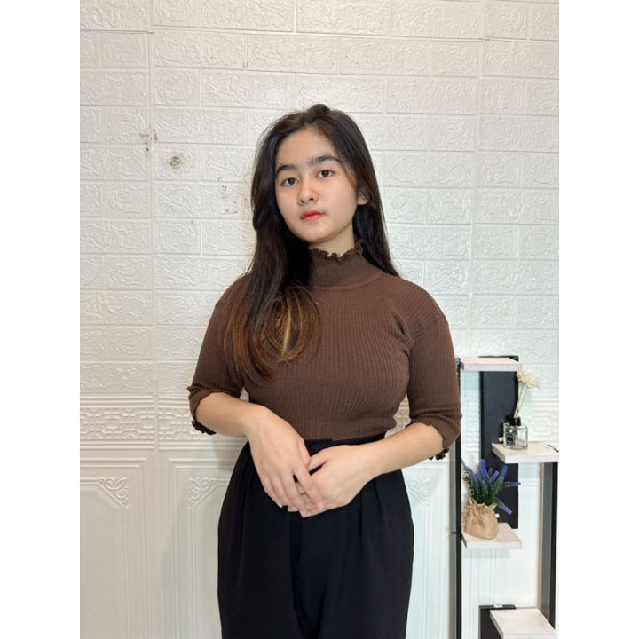 Atasan Rajut Wanita Turtleneck Kriwil - Inner Kerah Tinggi Lengan 3/4 ... Atasan Rajut Wanita Turtleneck Kriwil - Inner Kerah Tinggi Lengan 3/4 ...
