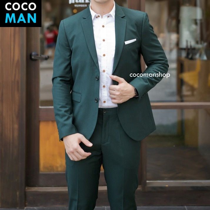 COCO-MAN ชุดสูทผู้ชาย สีเขียวเข้ม เสื้อสูท กระดุม 2 เม็ด มีกางเกงเข้า ...