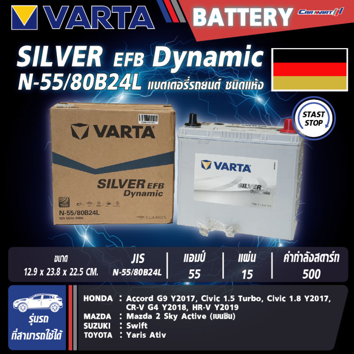 แบตเตอรี่ VARTA รุ่น Silver Dynamic EFB N55L (80B24L) แบตเตอรี่แห้ง (ไม่ต้องดูแลน้ำกลั่น ...