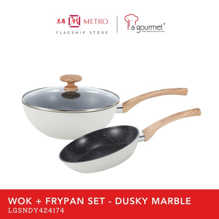 La Gourmet Shogun Dusky 24cm Wok + 20cm Frypan - Marble Cooking Set ...