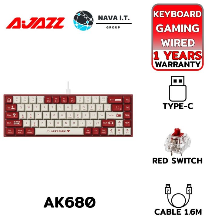 AJAZZ AK680 RED-WHITE RED SWITCH WIRED GAMING KEYBOARD รับประกันสินค้า 1ปี | Lazada.co.th
