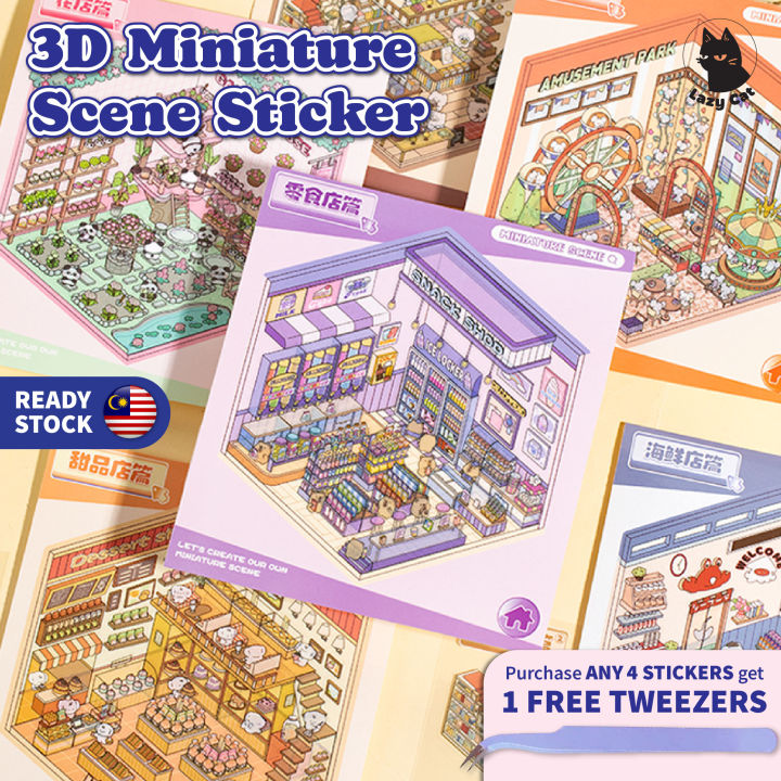 Lazy Cat 3D Miniature Scenes Sticker Book DIY Cute Cartoon Korean Style ...