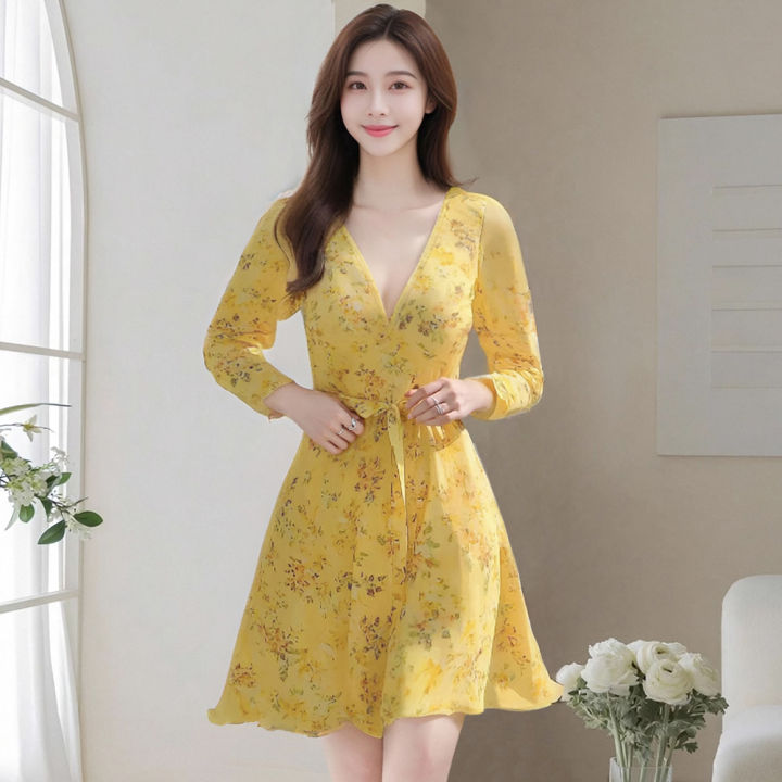 BRANCHÉ Dresses Long Sleeve V-Neck Korean Fashion Fitting Slim ...