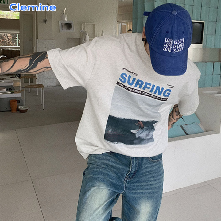 Clemine เสื้อยืดแขนสั้นผู้ชาย100% ผ้าฝ้ายแท้สไตล์อเมริกันย้อนยุคพิมพ์ ...