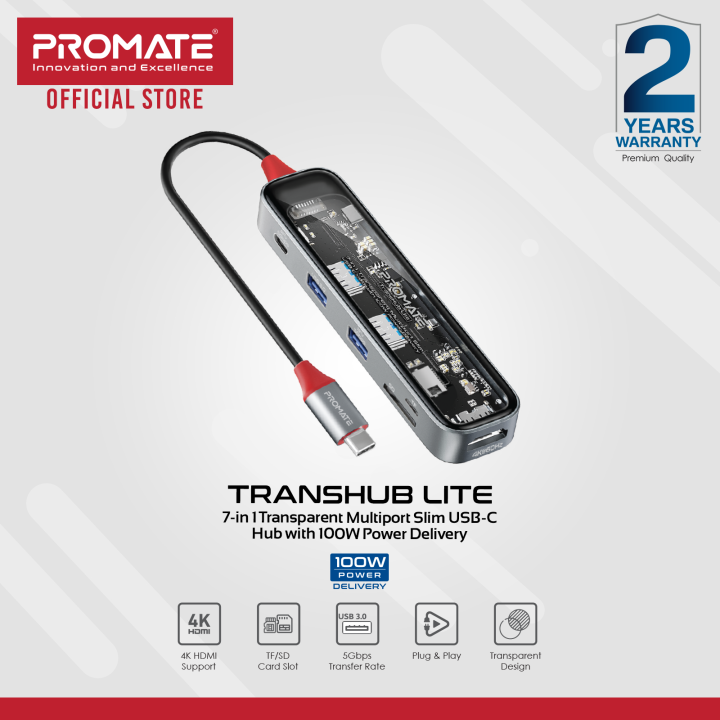 Promate TransHub-Lite 7-in-1 Transparent Multiport Slim USB-C Hub with ...