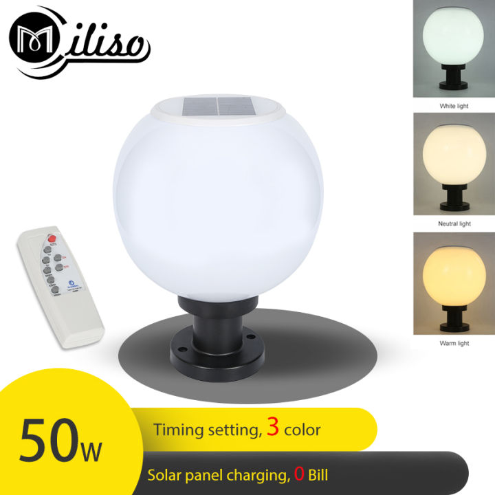 MILISO LED Round Ball Light Solar Post Lamp Outdoor IP65 Waterproof ...
