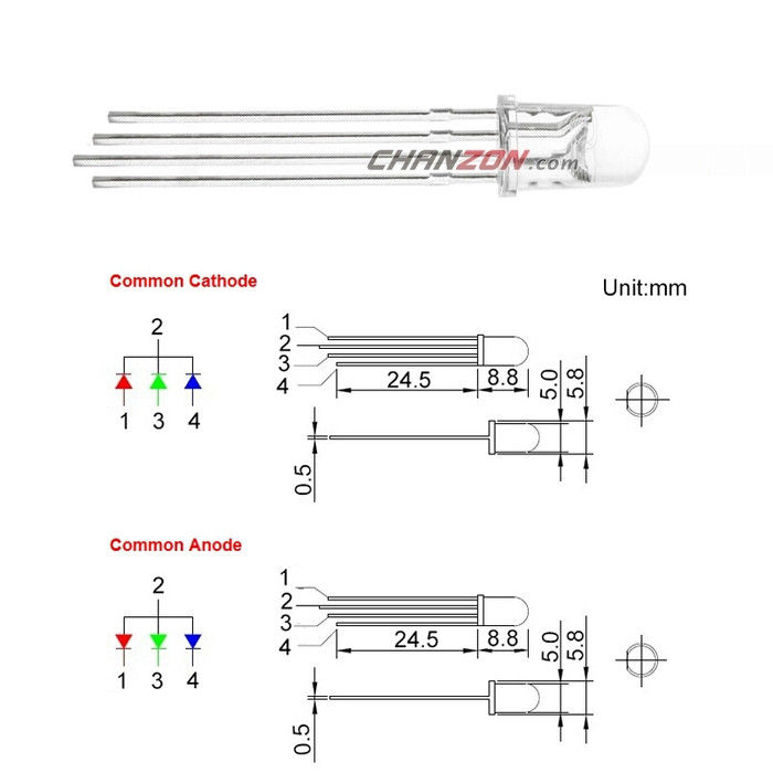 2pcs LED RGB Common Anode 5mm 4 kaki Multicolor Clear Diode Ultra ...