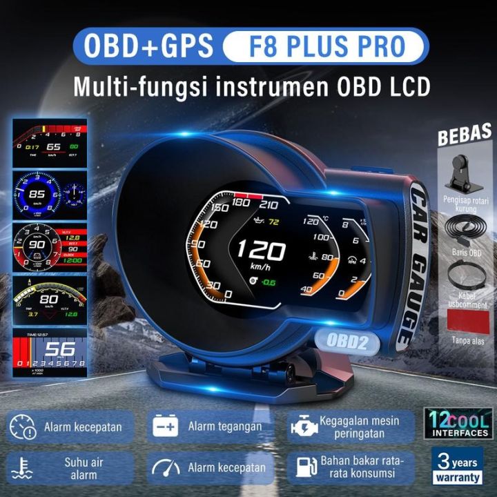 HUD F8 PLUS Smart Gauge Car Layar Display HD OBD2+GPS HUD Sistem Ganda ...