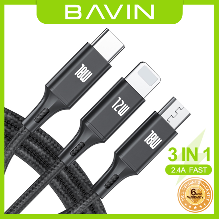 BAVIN CB076 3 in 1 Fast Charging Cable 1.25 Meters Durable Nylon ...