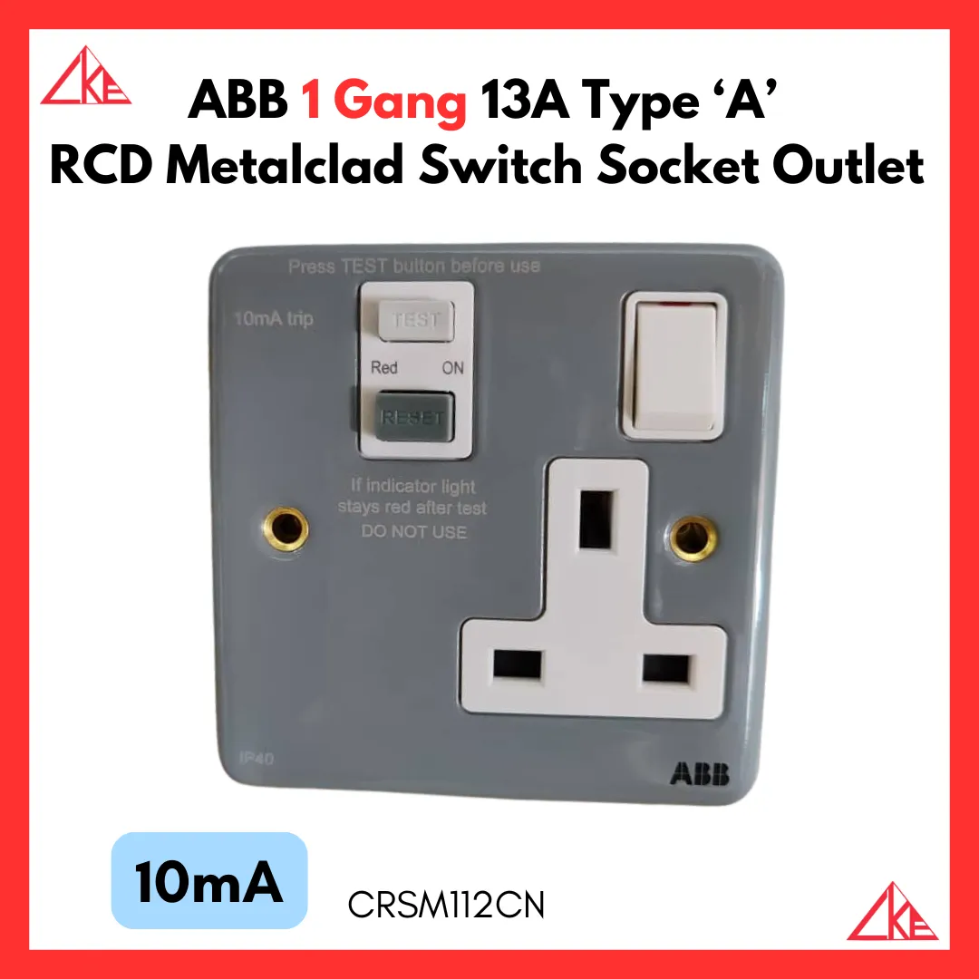 ABB 1 Gang 13A【10mA】Type 'A' RCD Switched Socket Outlet Metaclad ...