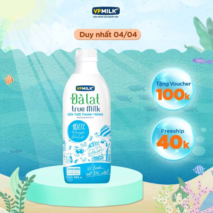 (GIAO HÀNG 2 GIỜ) Sữa Tươi Thanh Trùng Đà Lạt True Milk Không Đường 950ml | Lazada.vn