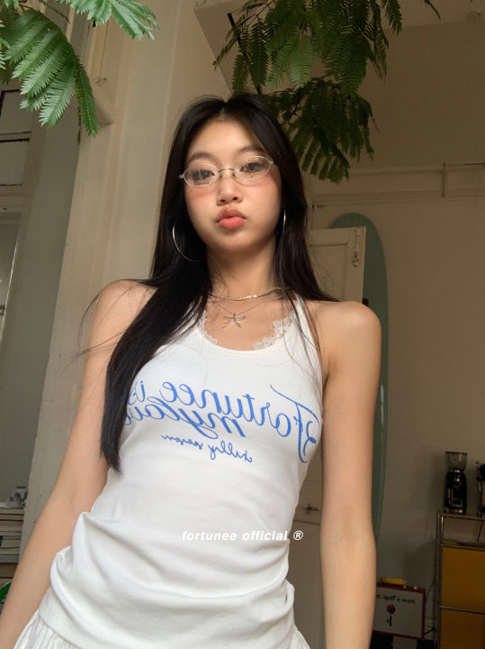 Fortunee สายเดี่ยวผู้หญิงสไตล์สาวแซ่บ ลายพิมพ์ดีไซล์ดั้งเดิม ตกแต่งขอบ ...