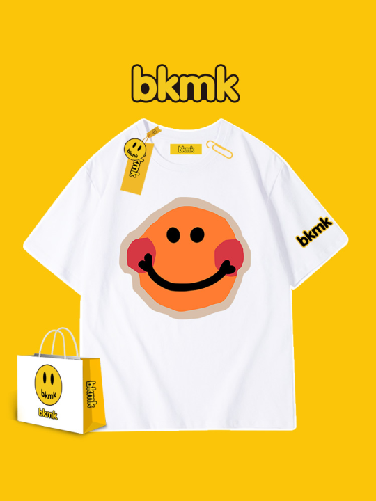 BKMK เสื้อยืดผ้าฝ้ายลายหน้ายิ้มสีส้มเสื้อยืดแขนสั้นเซนส์ผู้ชายสไตล์ฮารา ...