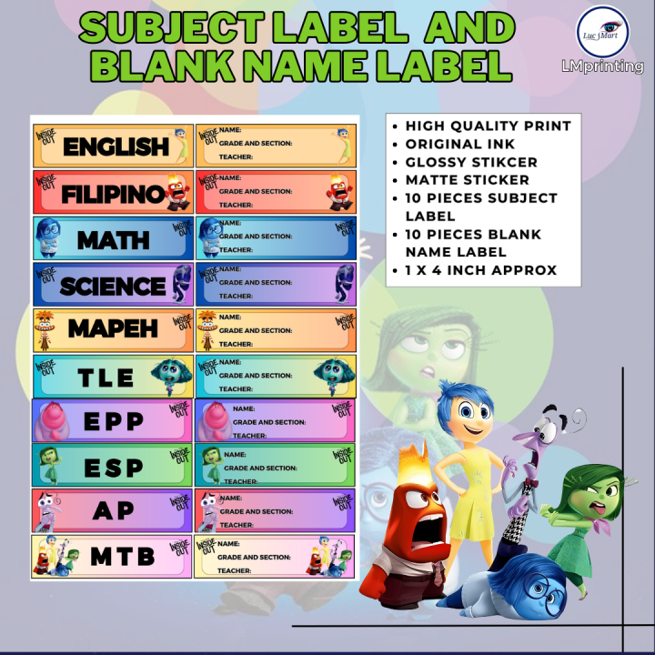LUCSMART printsNcrafts INSIDE OUT THEMED Subject and Name Label Set ...