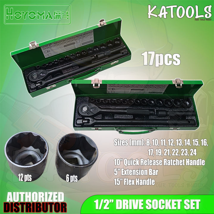 HOYOMA JAPAN 1/2" DRIVE SOCKET WRENCH SET 17PCS 8-24MM 6/12 POINTS ...