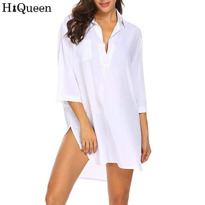 HiQueen Womens Bathing Suit Cover Ups Shirt Deep V Neck 3/4 Sleeve ...
