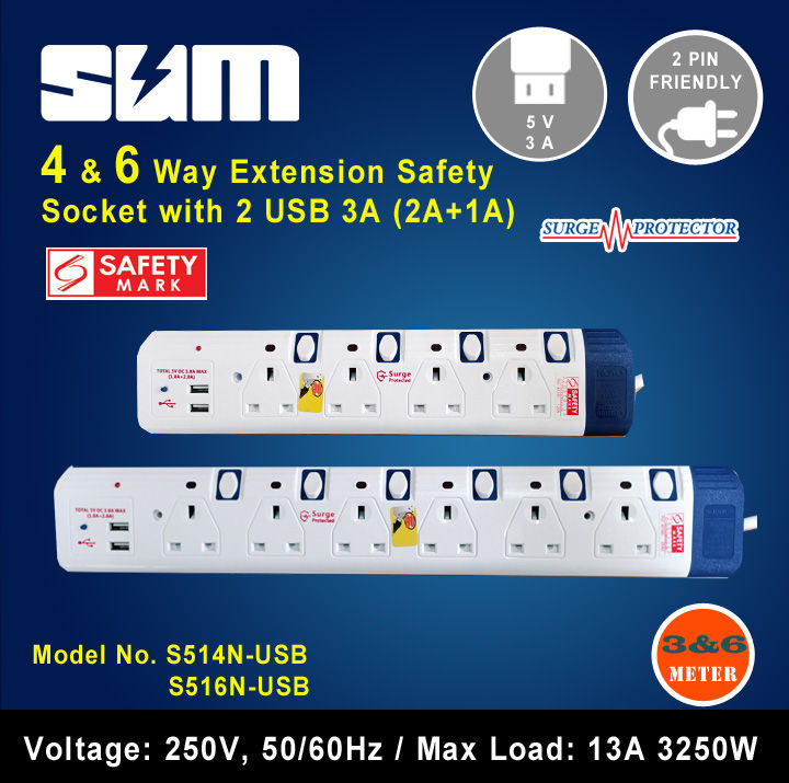 4 & 6 Way Extension Socket with 2 USB Port 3A & Surge Protector (3 & 6 ...