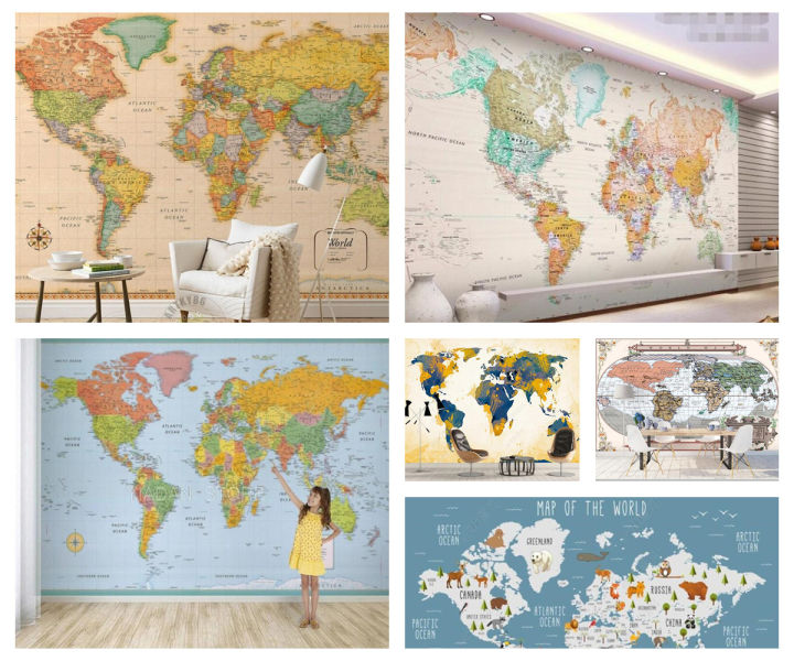 60 styles retro world map cartoon map of the world kids' wallpaper ...