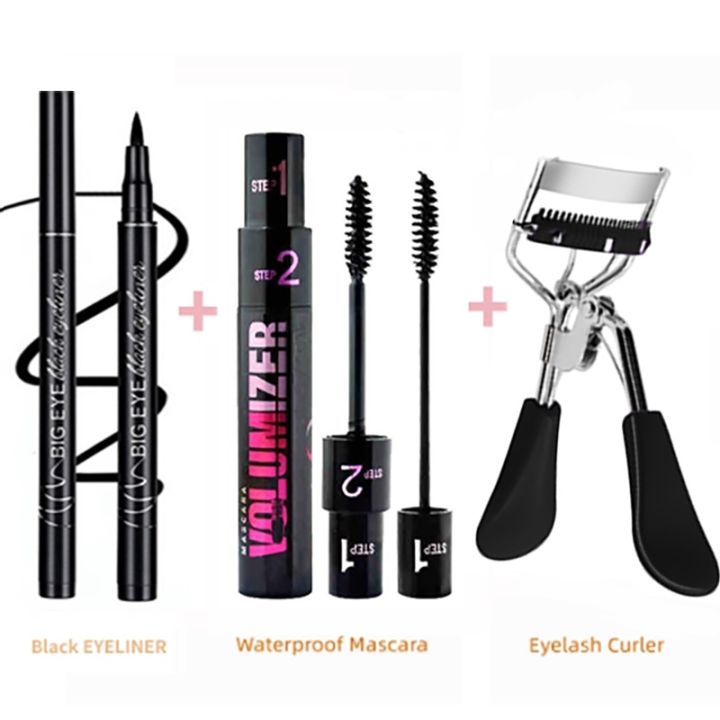 2 in 1 Waterproof Long Lasting Black Mascara + Black Eyeliner + Eyelash Curler Volume Eye Makeup ...