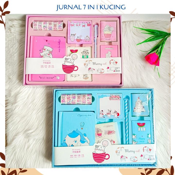 Paket jurnal 7 in 1 kucing Free Box (solatip, buku mini, kertas bintang ...