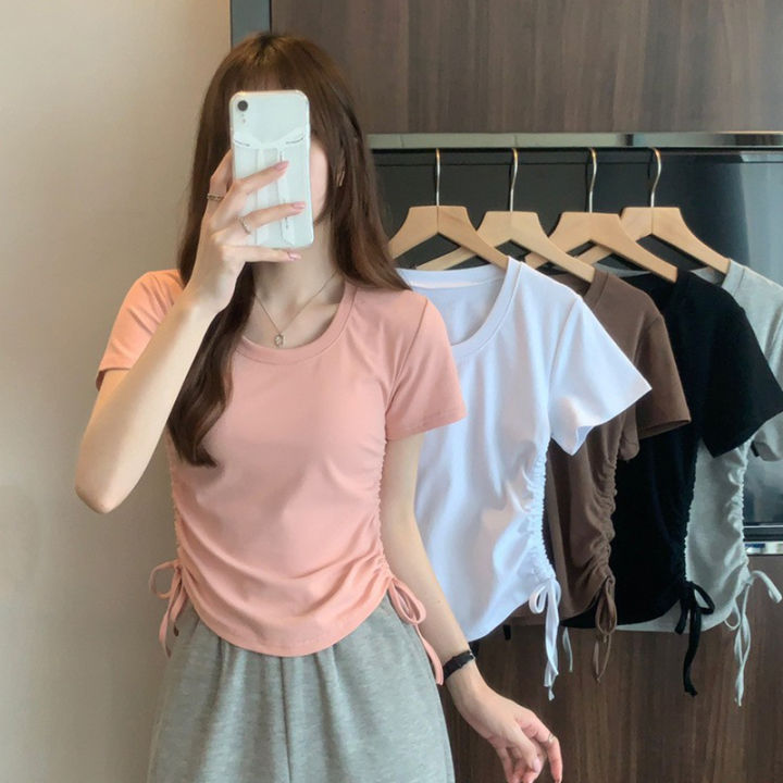 BUJIG เสื้อยืด เสื้อยืดผู้หญิง แขนสั้น คอกลม มีเชือกรูดเอวด้านข้าง ...