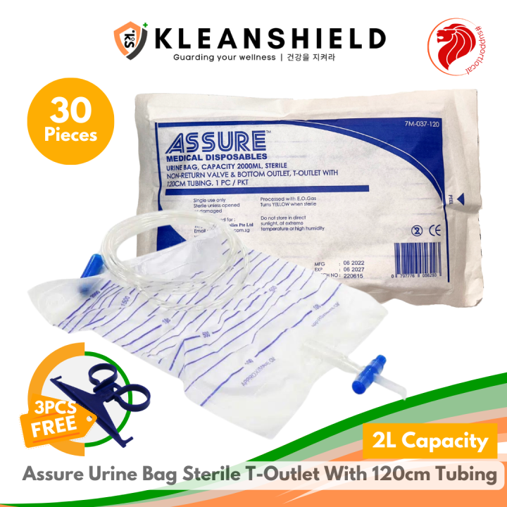 [30 PACK] ASSURE URINE BAG STERILE 2L T-OUTLET WITH 120CM TUBING + FREE ...