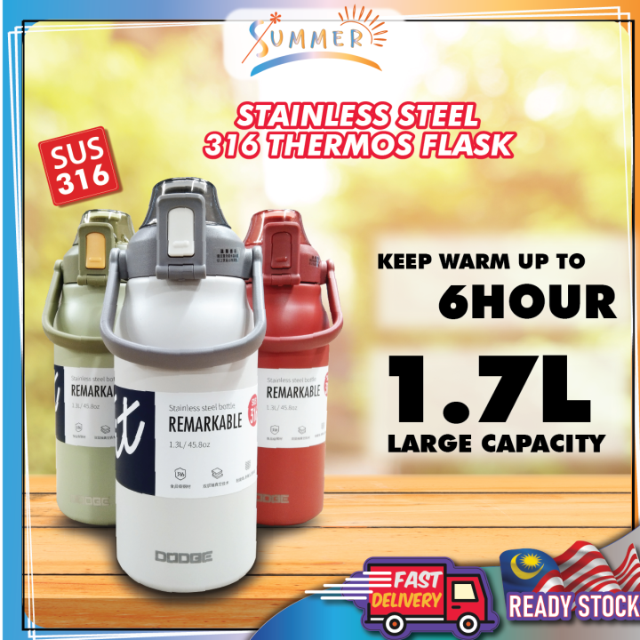 Summer 8 - 1700ml Stainless Steel 316 Thermos Flask Vacuum Flack With Straw, Air Botol Termos ...