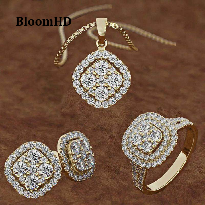 BloomHD Exquisite Wedding Gift Set Classic Ladies 18K Gold Diamond Wedding Jewelry Set Earrings Pendant Necklace Ring Bride Engagement Accessories Ring Size 5 11 Lazada Lazada PH