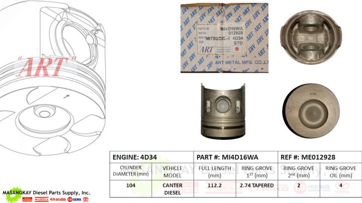 ART / (HART) Piston (SET) for MITSUBISHI 4D34 (MI4D16WA) (ME012928 ...