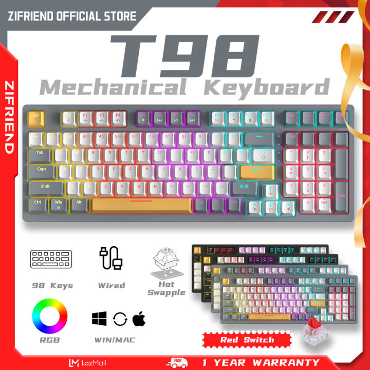 ZIFRIEND T98 98 Keys Mechanical Keyboard Wired Gaming Keyboard Rainbow Backlit 3 Pin Hot Swapple ...