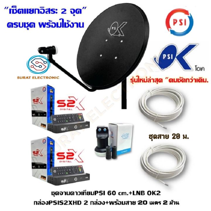 PSI OK (60 cm.) อุปกรณ์ครบ **พร้อมติดตั้ง**LNB-OK-2 (2ขั้ว) + PSI S2X HD 2 กล่อง พร้อมสาย 10,20 ...