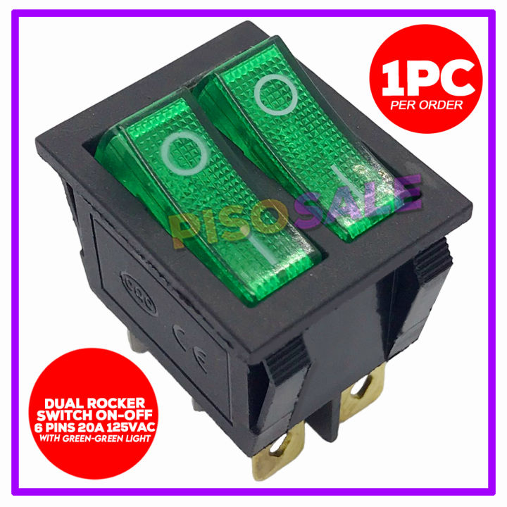 6-Pins 20A 125VAC Dual Rocker Switch with GREEN-GREEN Light ON-OFF ...
