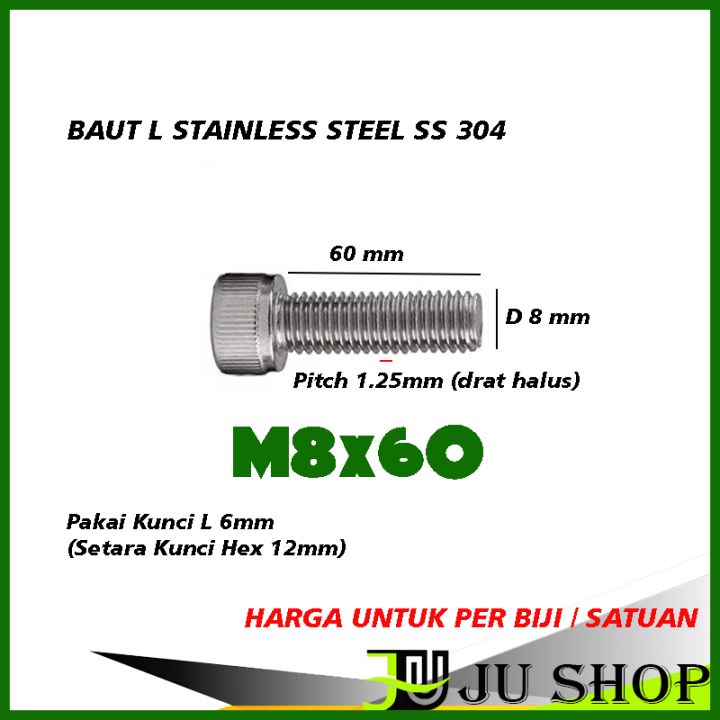 Baut L M8 x 60 stainless steel SS304 (harga per biji) baut M8 | Lazada ...