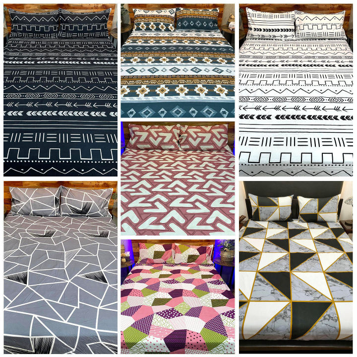 3 in 1 Printed Bed Sheet - Canadian Cotton - Black Abstract Geometric ...