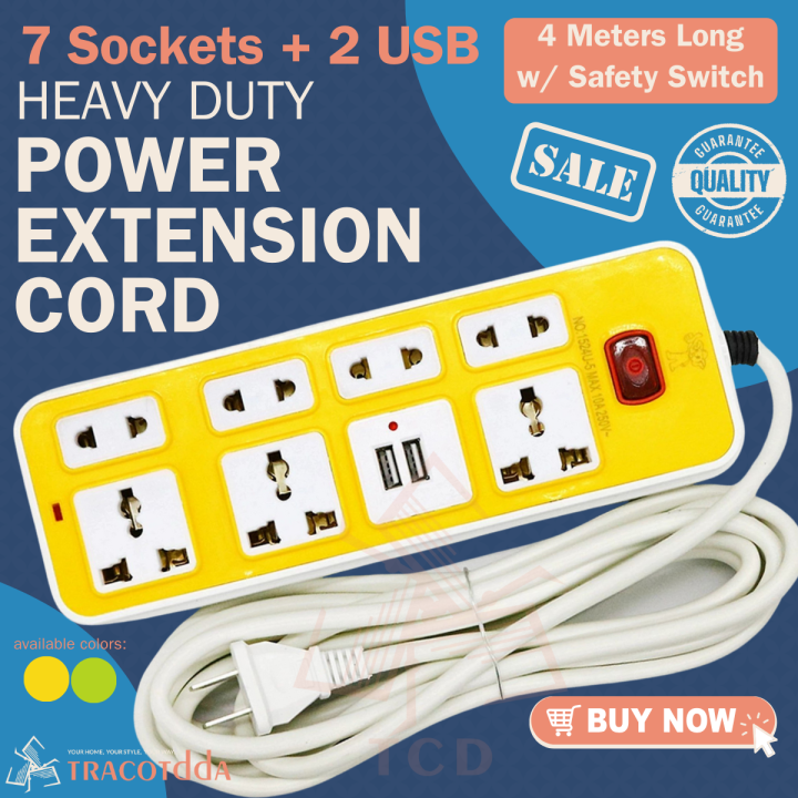 TCD | Heavy Duty Extension Cord - 7 Gang Universal Sockets w/ 2 USB ...