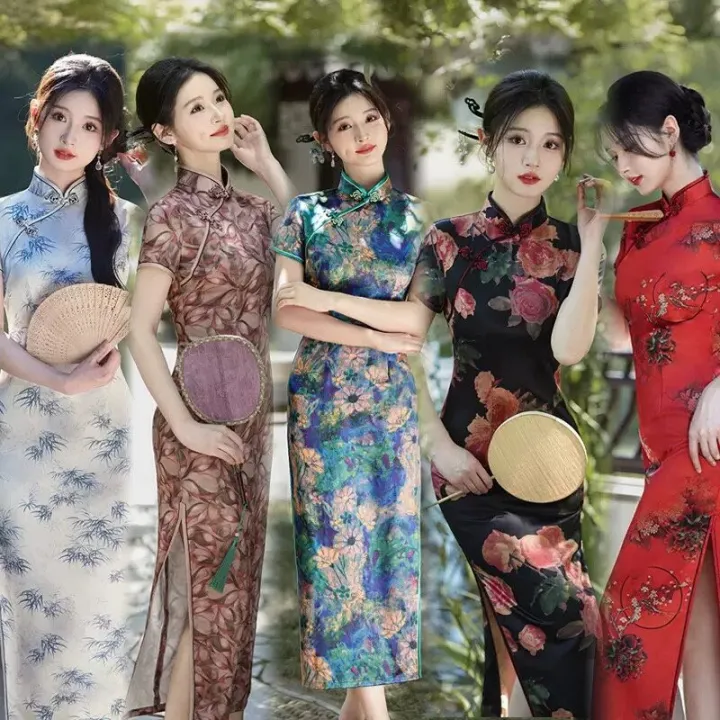 Spring Summer New Style Silk Long Qipao Dress Women's Fashion Slim Fit ...