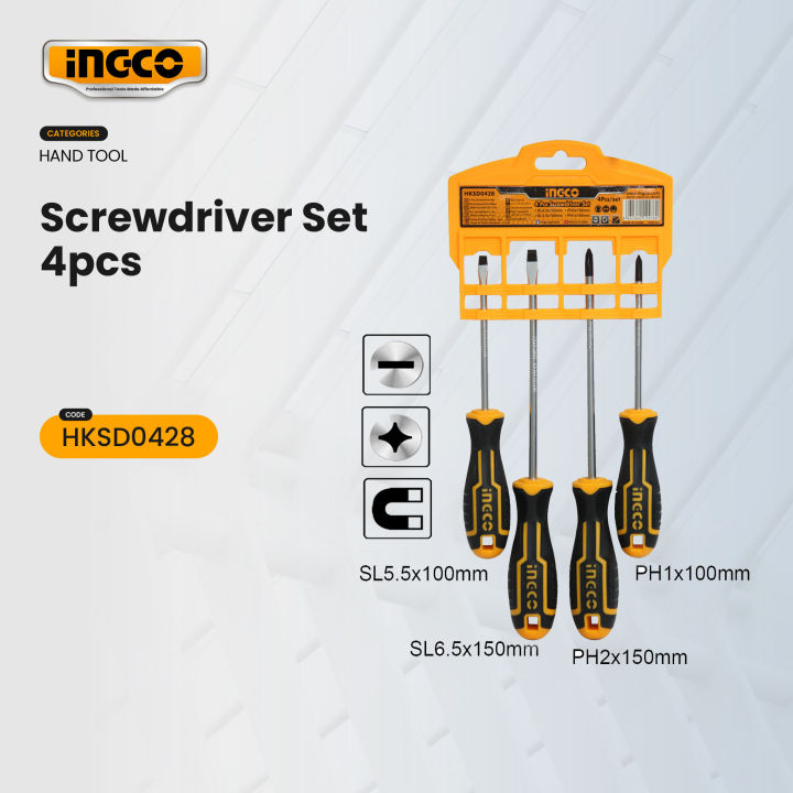 INGCO 4PCS Screwdriver Set Phillip & Slotted Screw Driver Magnetic Tip ...