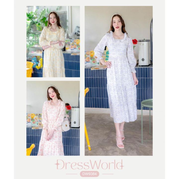 9384 เดรสตัวยาวแขนยาวแต่งคอระบาย | Lazada.co.th