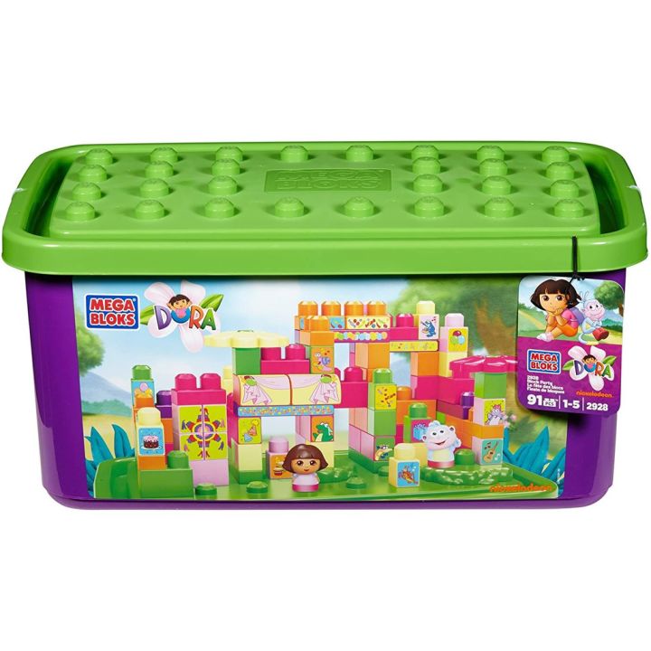 {ORIGINAL} MEGA BLOKS FIRST BUILDER 91 PCS DORA PARTY CONTAINER PLAYSET ...