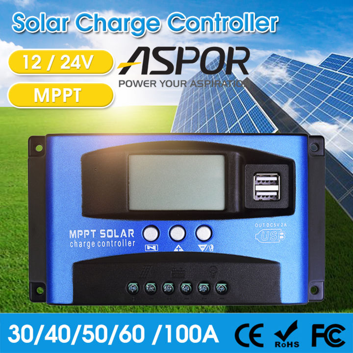 ASPOR 100A/60A/50A/40A/30A MPPT Solar Charge Controller Dual USB LCD Display Auto Solar Cell ...