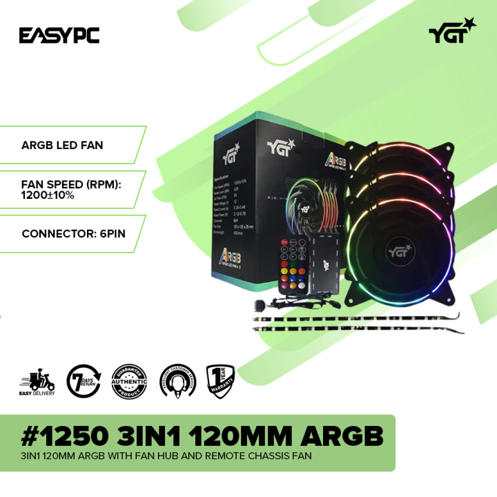 EasyPC | YGT #1250 3in1 120mm ARGB with fan HUB and remote Chassis Fan for PC Case | Lazada PH