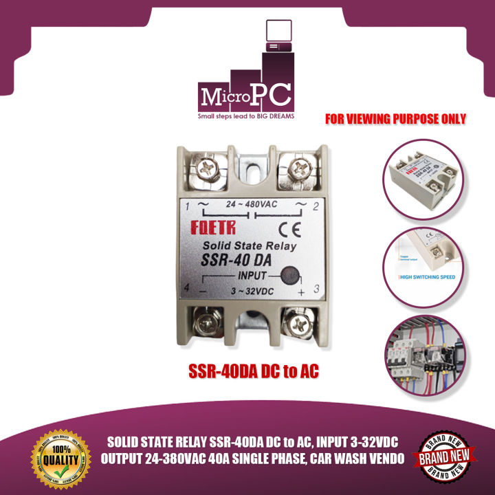 MICRO PC SOLID STATE RELAY SSR-40DA DC to AC, INPUT 3-32VDC OUTPUT 24-380VAC 40A SINGLE PHASE ...