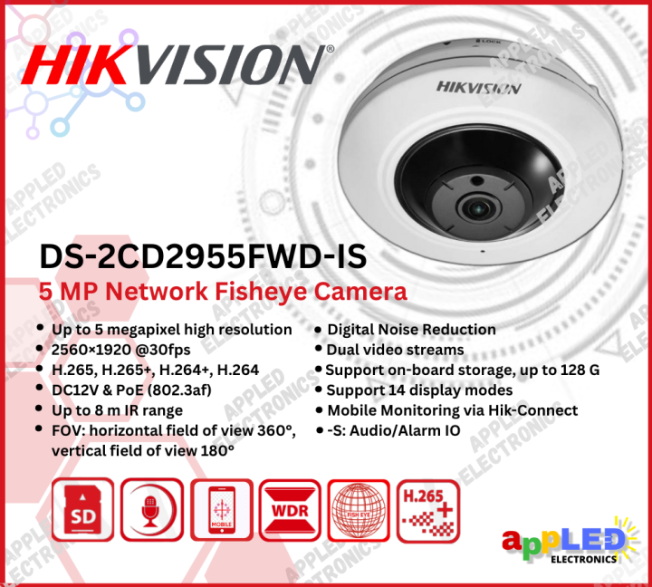 Hikvision DS-2CD2955FWD-IS 5 MP Fisheye Fixed Dome IP PoE Network ...