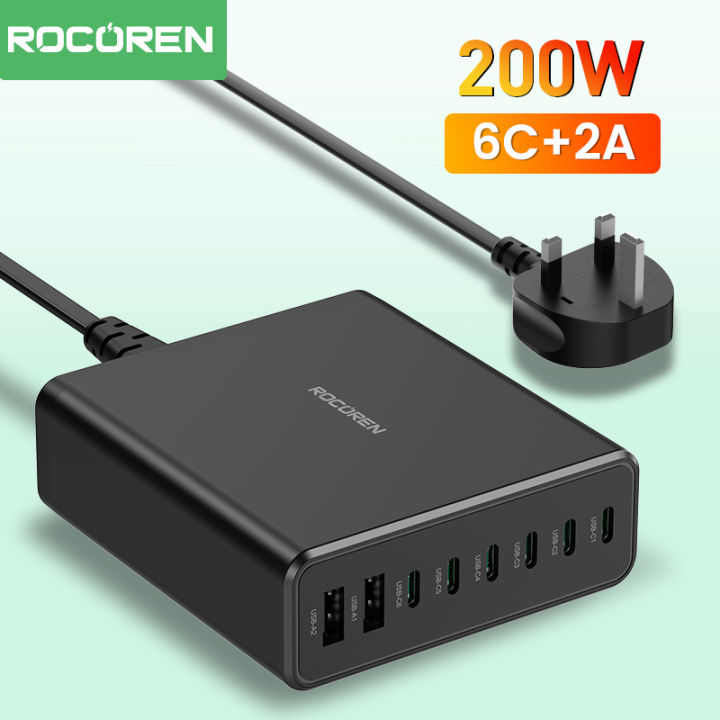 Rocoren 200W USB C Desktop Charger 8 Ports GaN PD Fast Charger USB ...