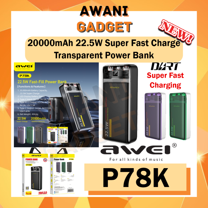Awei P78K 22.5W 20000mAh Power Bank Transparent Design Fast Charge ...