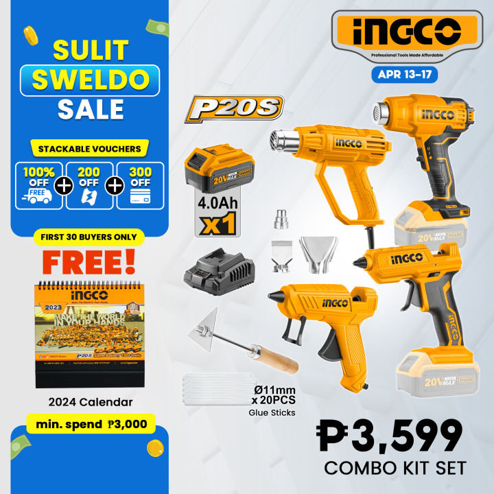 INGCO Cordless Heat Gun and Glue Gun Combo Kit Hot Air Shrink Plastic ...