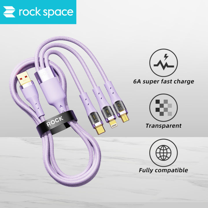 Rock Space G20 3 in 1 Fast Charging Cable 100W 6A Transparent Type-C ...