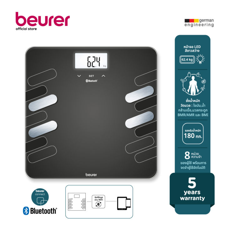 Beurer เครื่องชั่งน้ำหนักเชื่อมบลูทูธ และ วัดมวลกาย Style Diagnostic bathroom scale รุ่น BF 600 ...